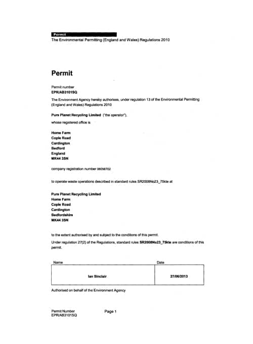 Pure Planet Recycling's Licence Information
